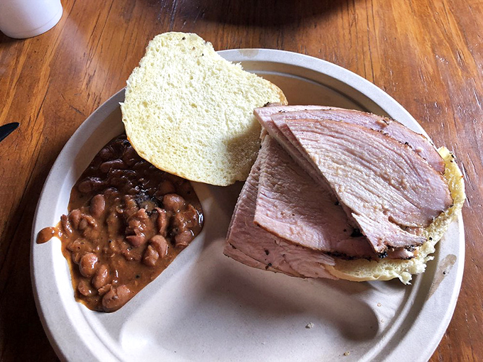 Turkey sandwich and beans that prove barbecue isn't just about beef. This bird has been transformed by smoke into something transcendent.