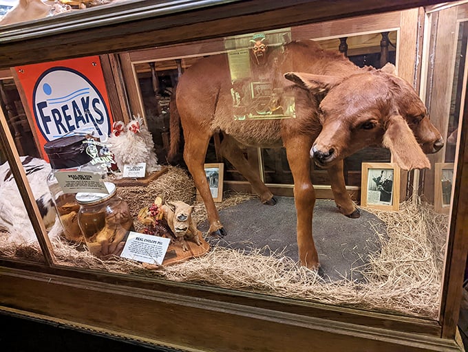 The two-headed calf exhibit reminds us that nature occasionally throws a curveball. Twice the cuteness, twice the feed bill.