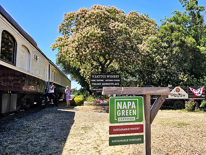 A moment of zen as the train pauses at V. Sattui Winery, where passengers disembark to taste wines mere feet from where the grapes were grown.