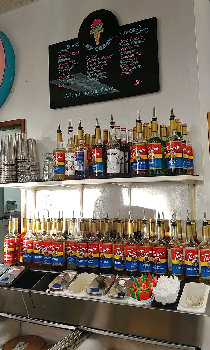 The syrup station looks like a mad scientist's laboratory dedicated to sweetness. Each bottle promises flavor alchemy that transforms ordinary into extraordinary.