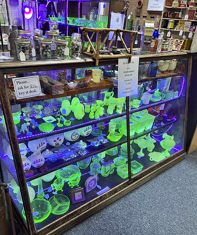 Under ultraviolet light, uranium glass glows with otherworldly charm&mdash;kitchen accessories with superpowers from grandma's era.