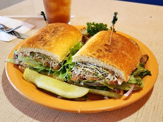 A sandwich that's practically a garden between bread. Those sprouts and veggies make healthy eating feel like an indulgence.