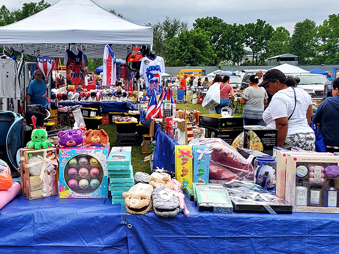A kaleidoscope of colors and cultures spreads across blue-draped tables, where every item whispers, "Take me home!"