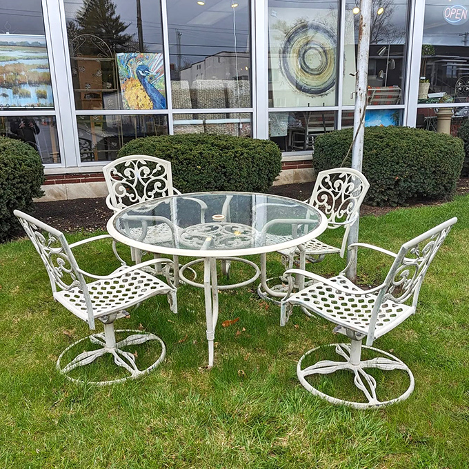 Garden party elegance in pristine white. This patio set practically comes with complimentary cucumber sandwiches and sophisticated gossip.