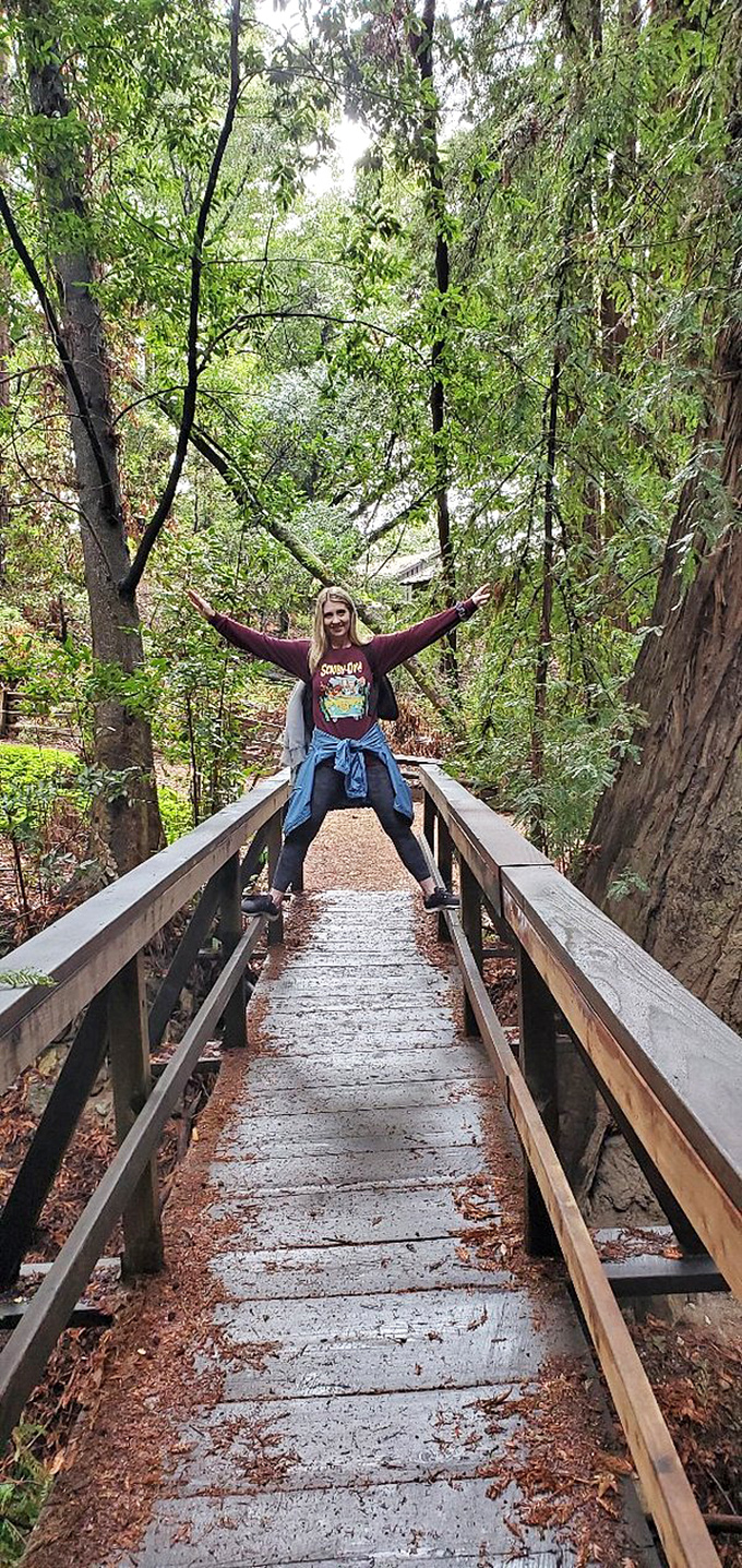 The universal expression of Big Sur joy&mdash;arms outstretched on a forest boardwalk, halfway between redwood shadows and dappled sunlight.