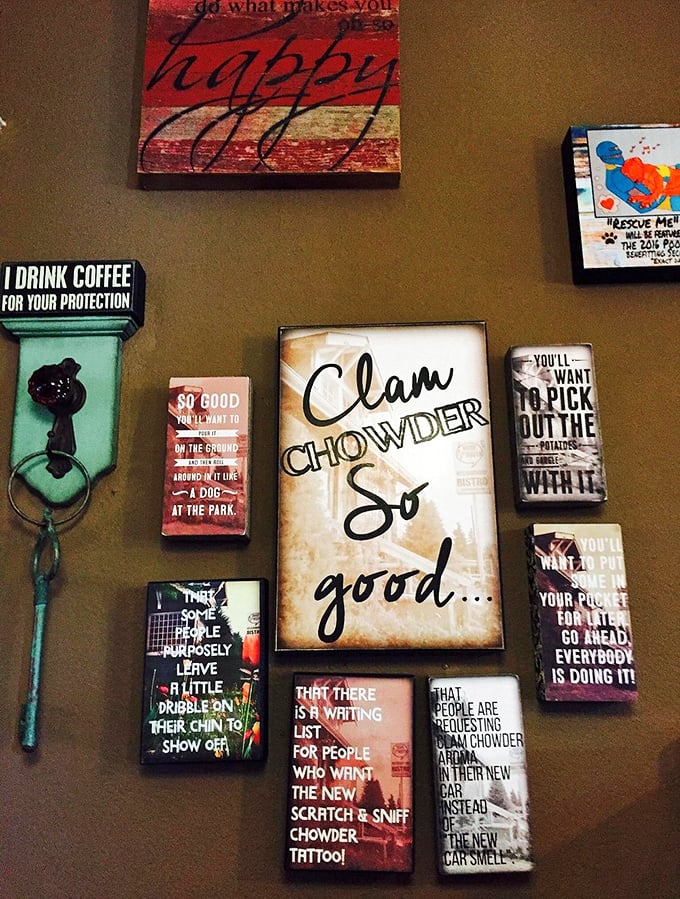 Humor served alongside the chowder. These witty wall decorations are the visual amuse-bouche before your meal arrives.