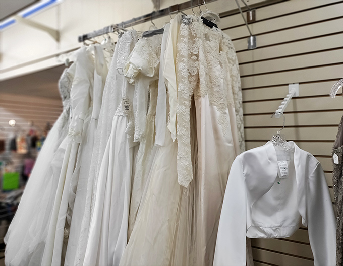 Wedding dress row: where once-worn gowns await their next trip down the aisle. Something borrowed, something new-to-you, and something dramatically under retail price.