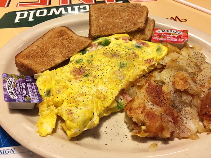 An omelet that's seen things. Packed with ham and veggies, it's the breakfast equivalent of getting an A+ on your report card.