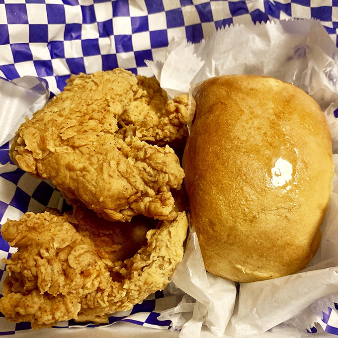 Golden-brown chicken and a roll so perfect it looks like it's auditioning for a bread commercial. Comfort food, elevated.