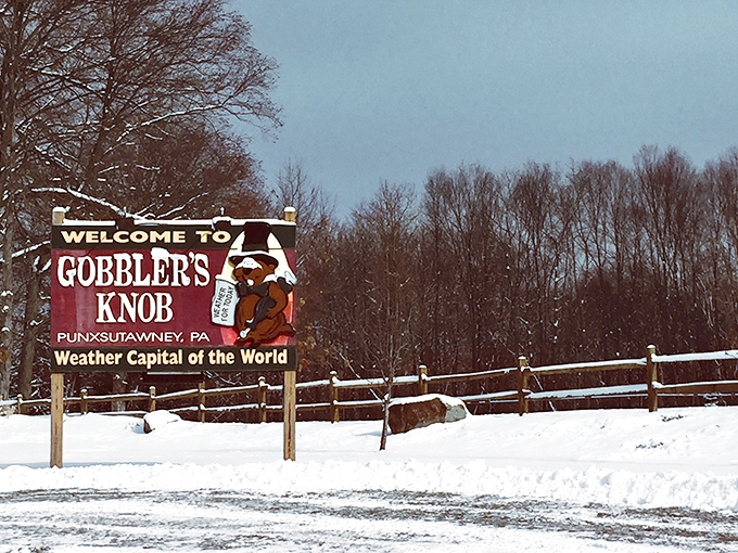Gobbler's Knob welcomes winter visitors with its charming sign, where every February 2nd, Phil makes his famous prediction—the original weather influencer since 1887.