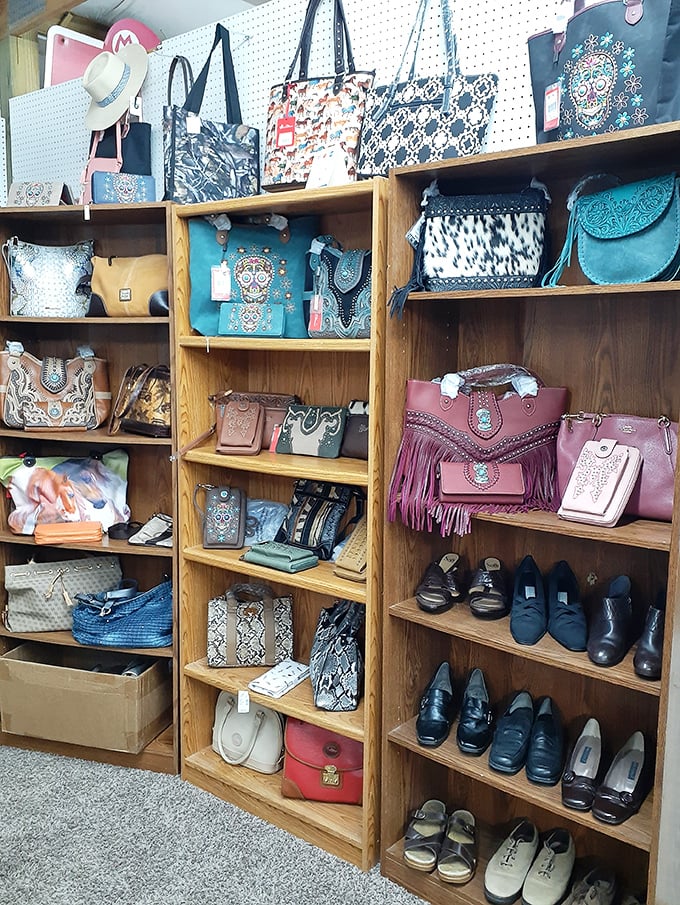 Handbag heaven with southwestern flair! These turquoise-accented leather purses whisper "take me home" to passing shoppers with impeccable taste.