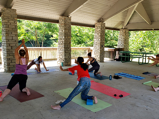 The pavilion doubles as an outdoor yoga studio, where "downward dog" meets "upward gaze at beautiful Ohio skies."