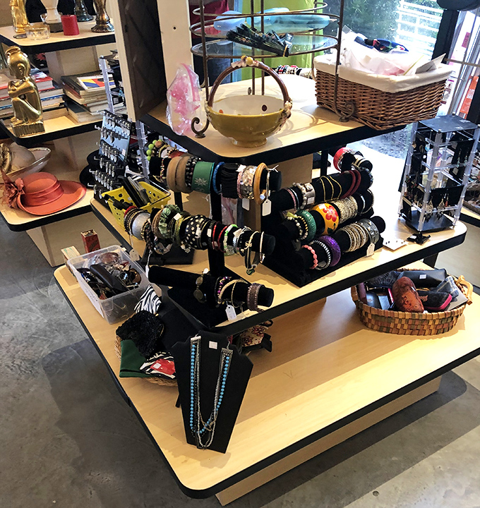 Jewelry and accessories displayed like a boutique rather than a thrift store. These affordable adornments let you experiment with style without the retail price tag commitment.