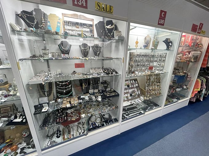 Jewelry displays where someone's once-treasured accessories await their second act on new wrists, necks, and earlobes.