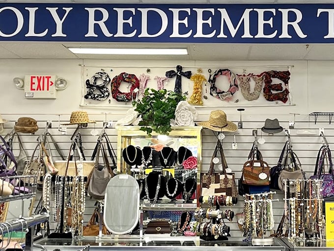 Accessory corner &ndash; where your next statement necklace waits alongside hats that could star in a period drama or Sunday brunch.