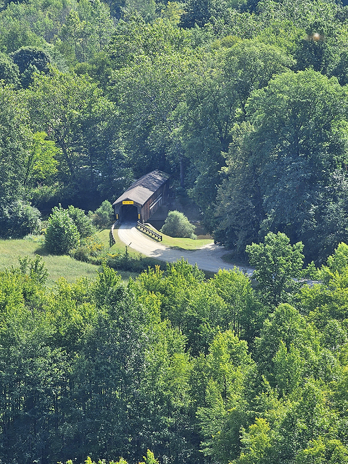 From above, the bridge looks like a wooden jewel nestled in Ohio's green crown.