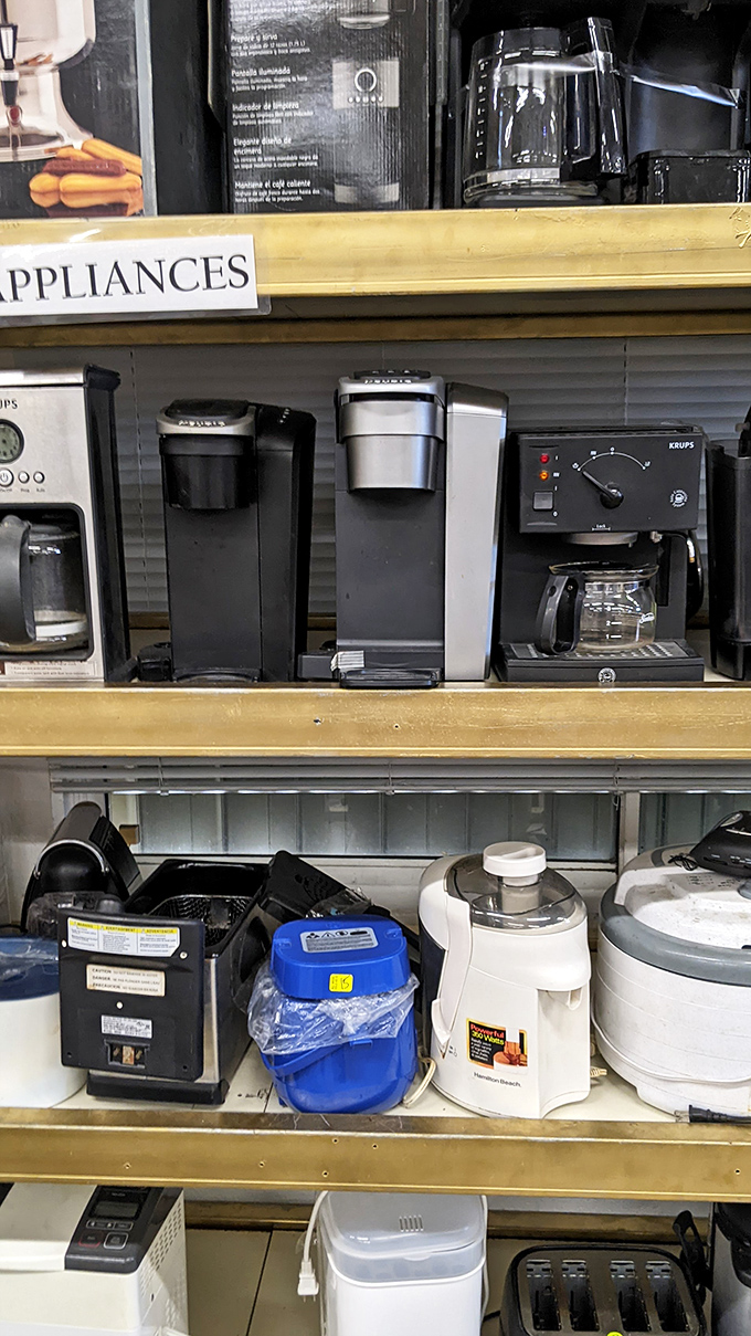 Coffee makers and kitchen appliances stand at attention, ready for their second chance. Yesterday's kitchen technology at prices that won't grind your budget.