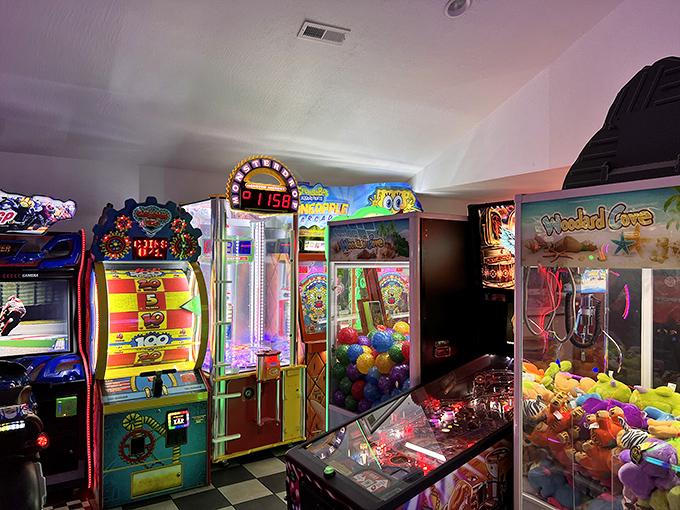 The arcade corner proves that while food feeds the stomach, the flashing lights of pinball machines feed the eternal teenager in all of us.