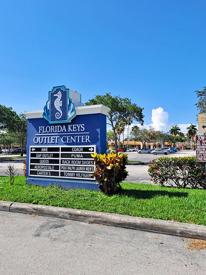 The seahorse sign says it all&mdash;you've arrived at shopping paradise. This directional marker ensures you won't miss a single bargain opportunity.