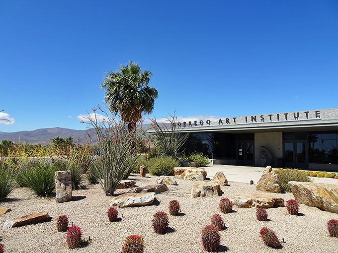 The Borrego Art Institute stands as a cultural oasis in the desert, surrounded by carefully curated desert landscaping and natural stone.