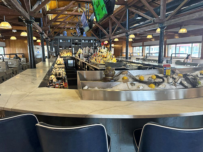 The bar and raw display showcase the day's catch on ice&mdash;nature's artwork waiting to become your dinner.