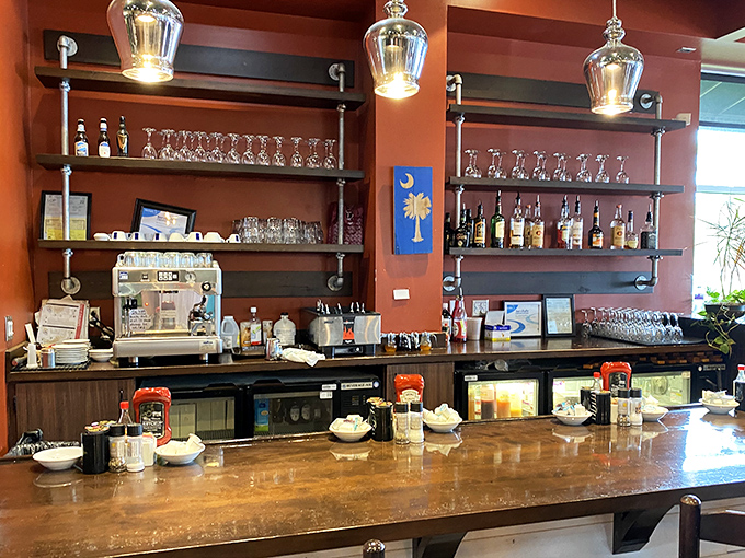The bar area isn't just functional&mdash;it's a showcase of South Carolina hospitality with a side of industrial-chic design elements.