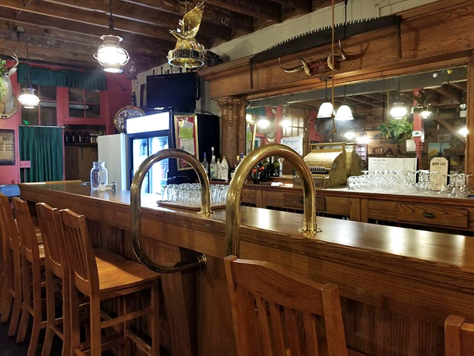 A bar counter where elbows have rested and stories have flowed for decades. Those brass fixtures have heard it all.