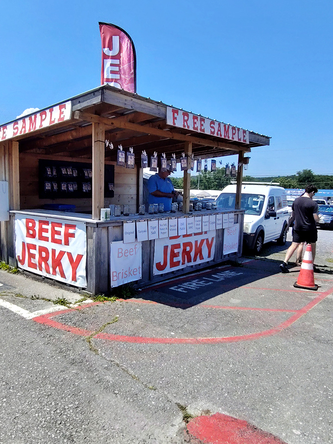 The beef jerky stand that stops shoppers in their tracks. Those "Free Sample" signs are the three most beautiful words in the English language.