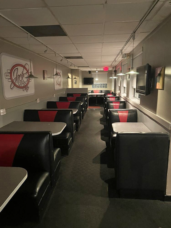 Booth seating designed for lingering over meals, not rushing through drive-through dining disasters.