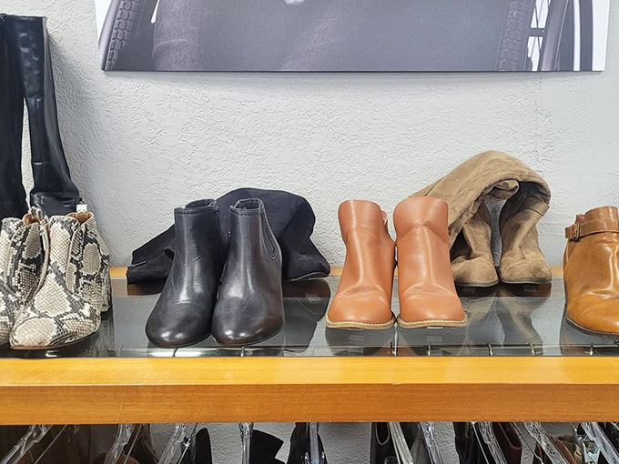 Boot boulevard showcases leather in every shade&mdash;from snakeskin statement pieces to practical ankle boots ready for Indiana weather.