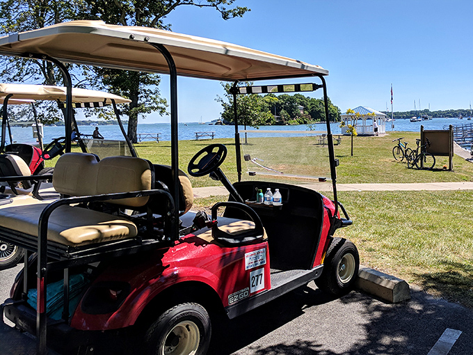 The island's preferred mode of transportation: golf carts that transform ordinary adults into giggling teenagers with driver's licenses.