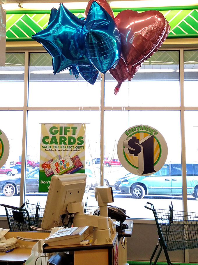 Festive balloons hover above the checkout area, a cheerful reminder that Dollar Tree has your celebration needs covered year-round. 