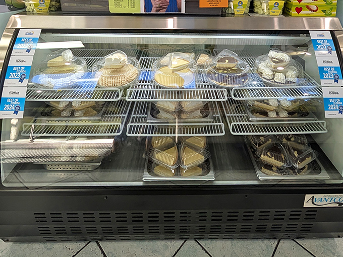 The display case of dreams! Each perfectly formed pie waits patiently for its moment to shine as someone's vacation highlight.