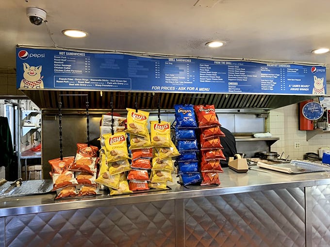 A fortress of chip bags stands guard at the counter&mdash;the perfect crunchy companion to sandwich royalty.
