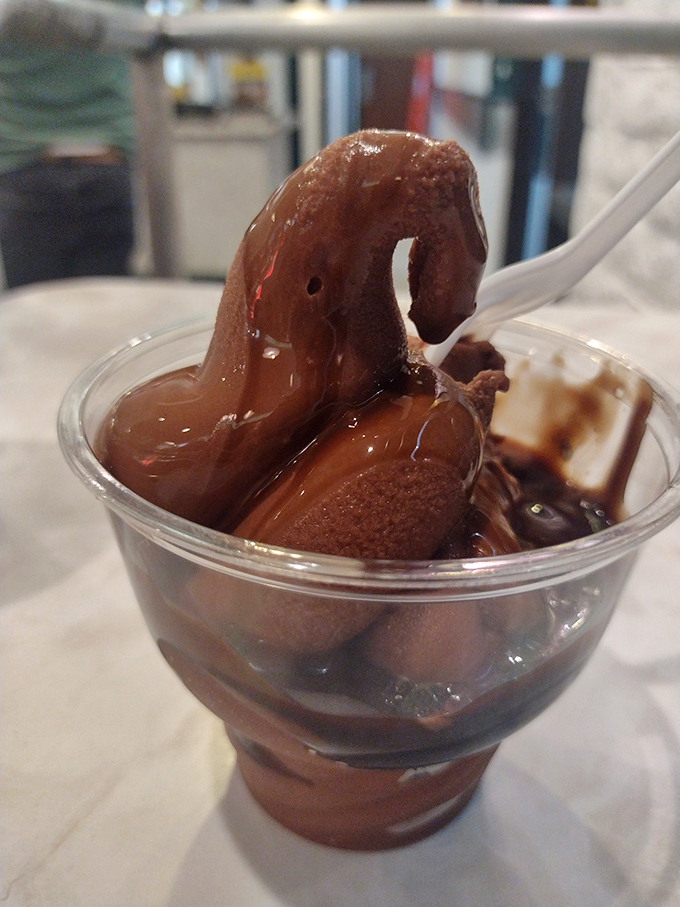 Chocolate ice cream under a blanket of hot fudge&mdash;proof that sometimes the simple classics deliver more happiness than trendy dessert innovations.