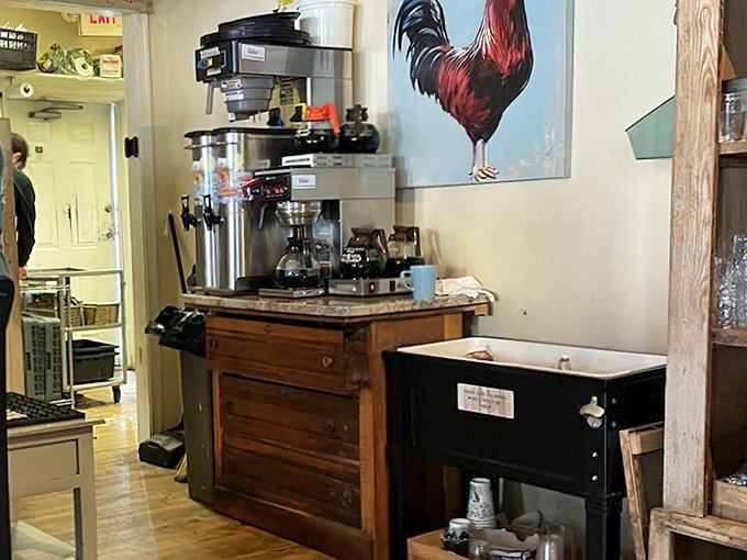 The coffee station&mdash;command central for morning revival. That rooster artwork keeps watch over the liquid lifeline of breakfast.