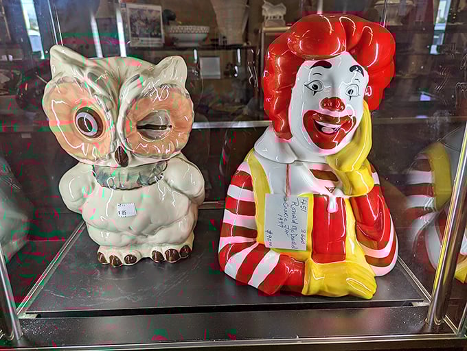 Cookie jars with personality! This owl and Ronald McDonald ceramic duo has been keeping secrets (and possibly cookies) for half a century. 