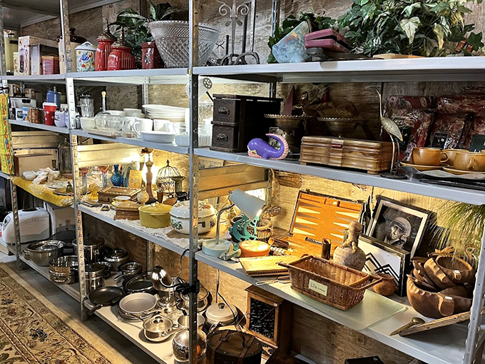 Kitchen treasures and wooden wonders await new homes. That backgammon set has probably seen more dramatic finishes than the Super Bowl.