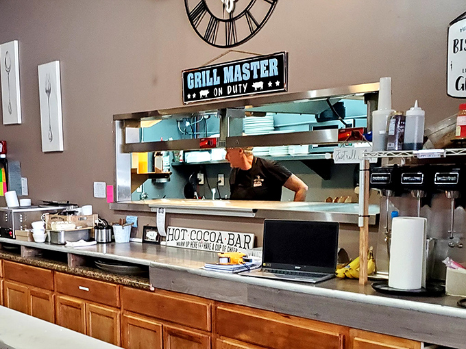 "Grill Master on Duty" isn't just a sign&mdash;it's a promise. The open kitchen shows they have nothing to hide and everything to be proud of.