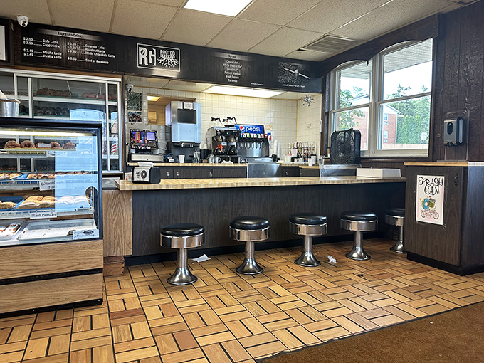 Classic diner-style counter seating invites you to perch and ponder life's great question: glazed or chocolate-iced?