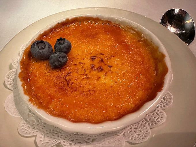 Cr&egrave;me br&ucirc;l&eacute;e with the perfect crack&mdash;like breaking thin ice on a puddle, but infinitely more delicious. Those blueberries aren't just garnish, they're little flavor bombs.