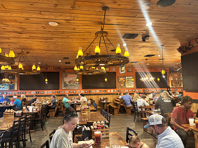 The dining room hums with the satisfied murmurs of patrons who've found their happy place under wooden ceilings and warm lighting.