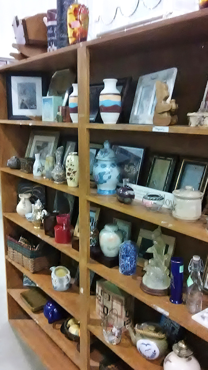 Vases, frames, and figurines create a decorative treasure trove. One person's "what was I thinking?" becomes another's perfect mantel accent.