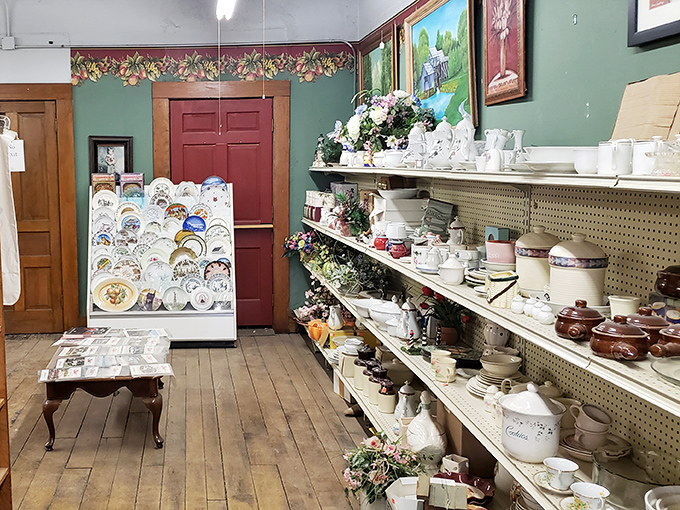 The dish room feels like your grandmother's china cabinet exploded in the most beautiful way possible, each piece awaiting Sunday dinner.