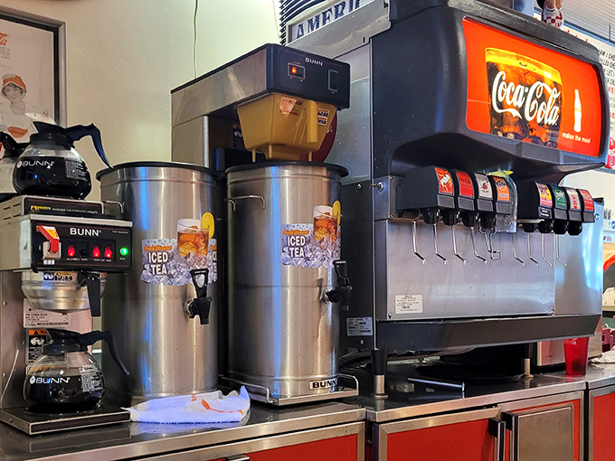 The drink station&mdash;where sweet tea flows like liquid sunshine and soda fountains promise the perfect accompaniment to your meal. 