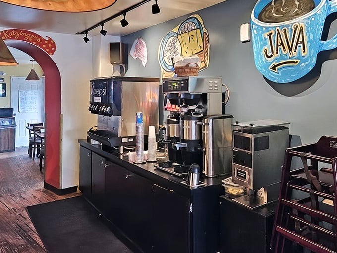 Coffee station artistry that understands a great sandwich deserves an equally impressive beverage companion. The mug signs say it all.