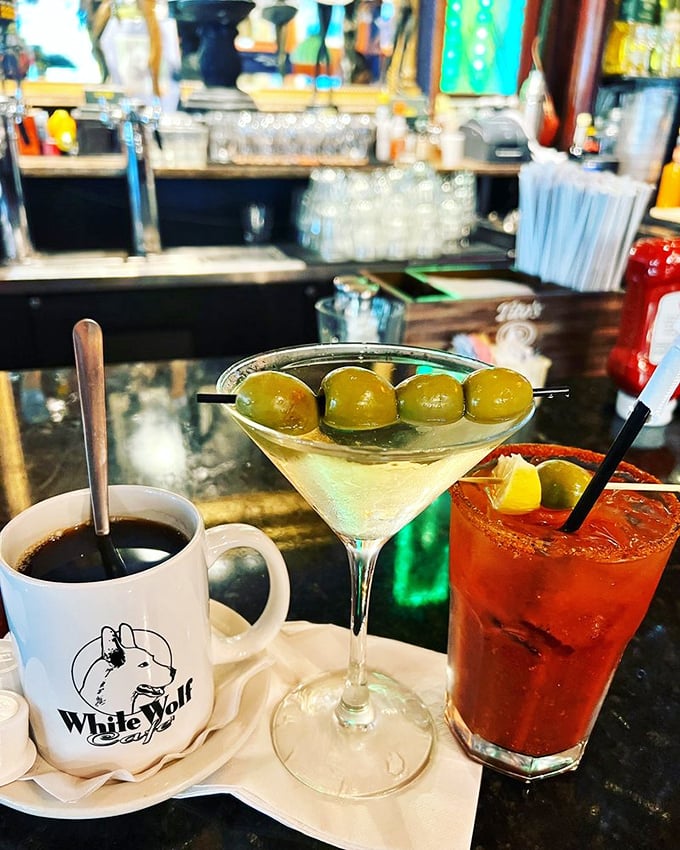 Morning coffee or evening cocktails? At White Wolf, the answer is both&mdash;their martini looks like liquid silk with those perfectly skewered olives.