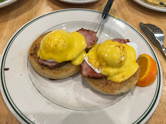 Eggs Benedict done right—perfectly poached eggs wearing hollandaise jackets atop English muffin thrones with Canadian bacon courtiers.