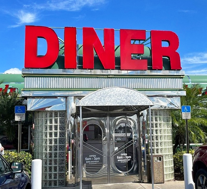 Those iconic double doors might as well have a sign saying "Abandon diets, all ye who enter here." The red DINER sign promises fulfillment of primal cravings