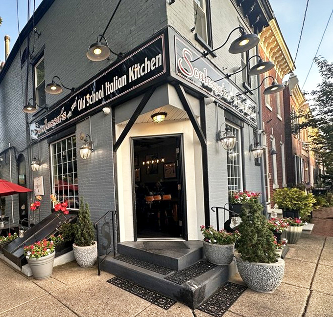 The entrance beckons with old-world charm, the blue exterior and hanging lights creating a beacon for hungry souls in Little Italy.